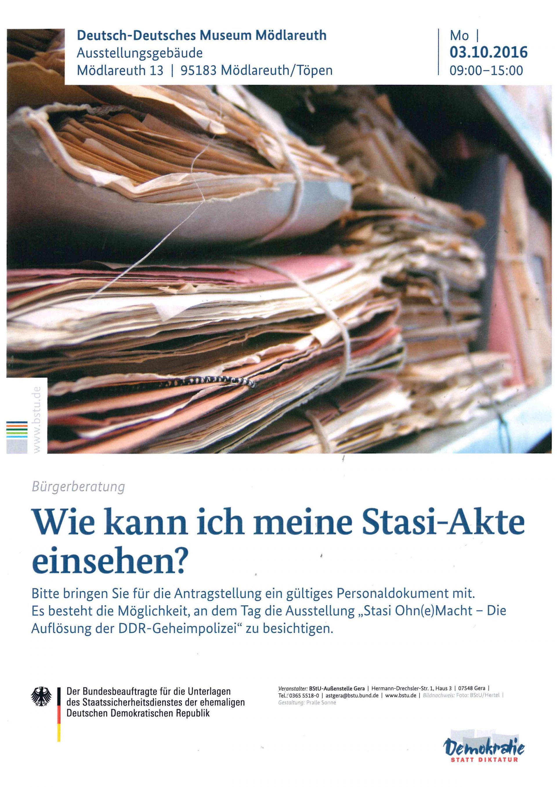 BStU-Außenstelle Gera mit Ausstellung und Bürgerberatung zum Thema ...